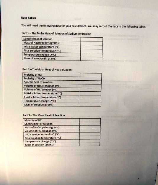 SOLVED: Text: Data Tables You will need the following data for your calculations. You may record ...