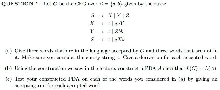 SOLVED: Let G be the CFG over Î£ = a, b given by the rules: S â†’ X | Y | Z X â†’ Îµ | aaY Y â ...