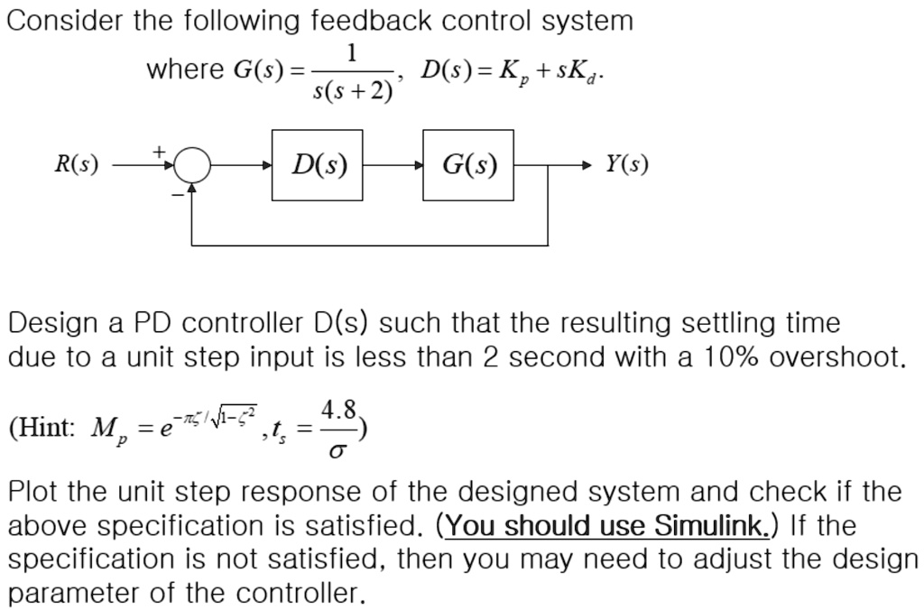 SOLVED: Consider the following feedback control system where G(s) = D(s ...