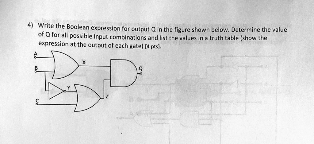 4) Write the Boolean expression for output Q in the figure shown below. Determine the value of Q ...