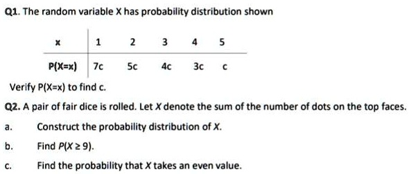 SOLVED: Q1. The random variable X has probability distribution shown P(x-x) Verlfy P(X-x) to ...