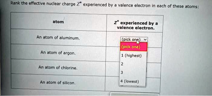 SOLVED: Rank the effective nuclear charge Z" experienced by valence ...