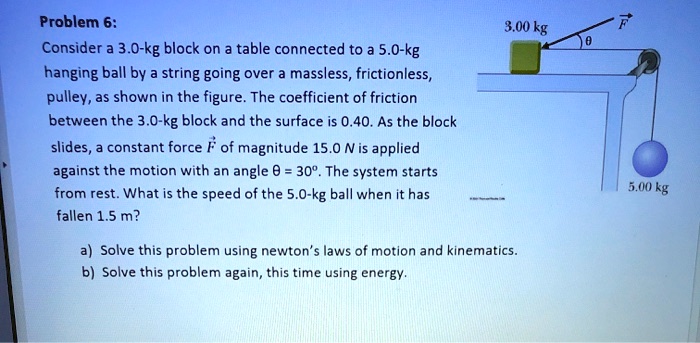 SOLVED: Problem 6: Consider a 3.0-kg block on table connected to 5.0-kg hanging ball by string ...