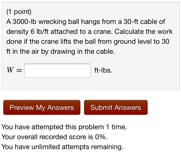 point a 3000 ib wrecking ball hangs from a 30 ft cable of density 6 ...