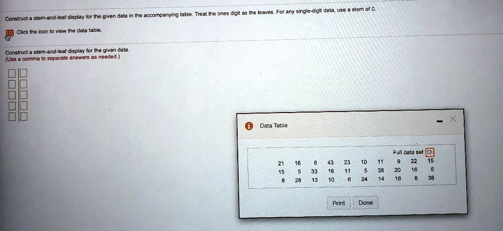for any single digit dala use stem of given data the accompanying table treat the ones digit a5 ...