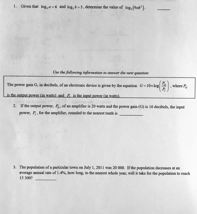 SOLVED: Given that 1og,' a = and log; b25 determine the value of log; (9ab' | Use the following ...