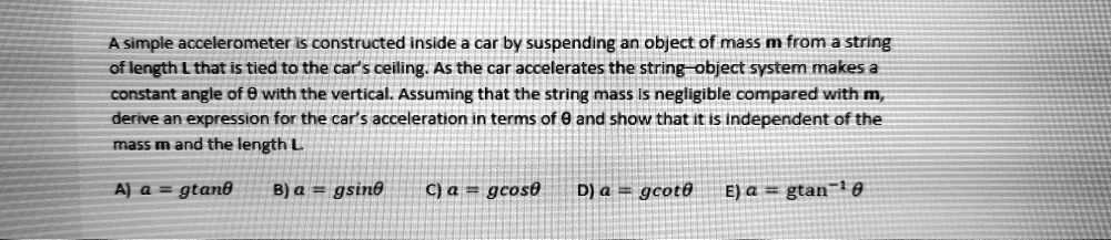 SOLVED: A simple accelerometer lconstructed Inside car by suspending an ...