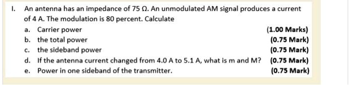 SOLVED: An antenna has an impedance of 75 0 An unmodulated AM signal produces current of 4 A ...