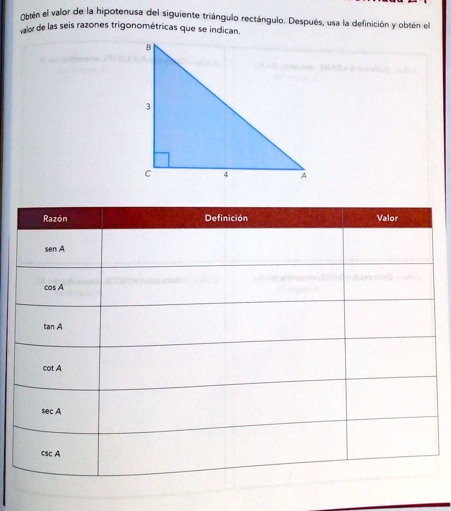 SOLVED: Obtén el valor de la hipotenusa del siguiente triángulo ...
