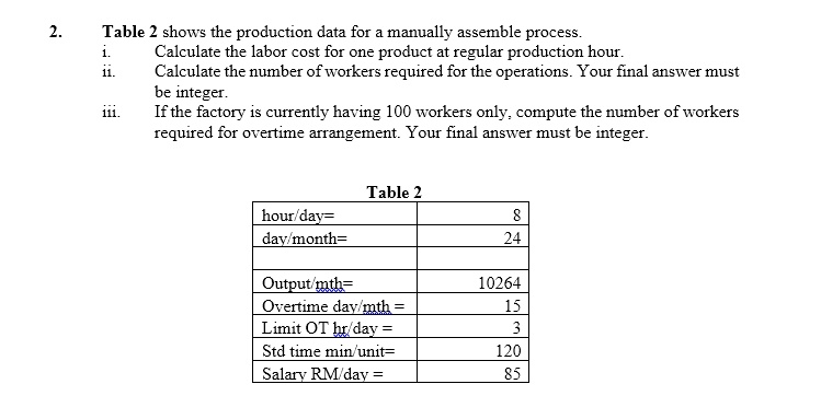 SOLVED: Table 2 shows the production data for the manually assembled ...