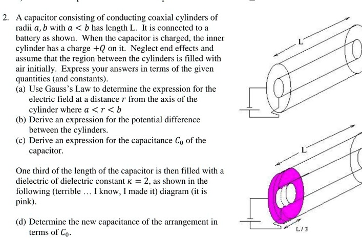 2. A capacitor consisting of conducting coaxial cylinders of radii a, b ...