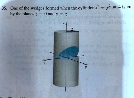 SOLVED: 35. One of the wedges formed when the cylinder x? + y? = 4 is ...