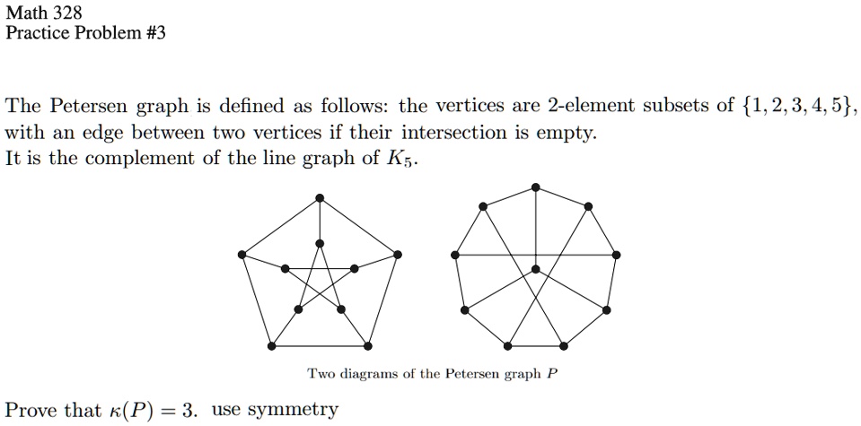 Math 328 Practice Problem #3 The Petersen graph is defined as follows: the vertices are 2 ...