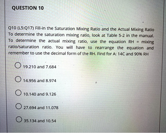 SOLVED: Q10 (LS:Q17) Fill in the Saturation Mixing Ratio and the Actual ...