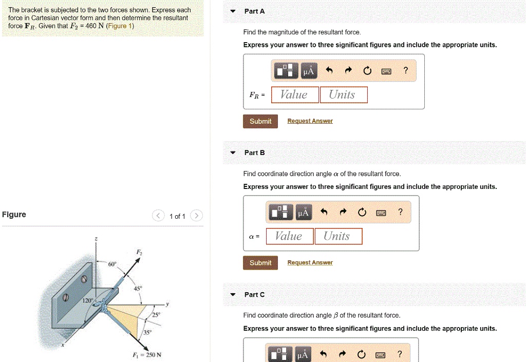 The bracket is subjected to the two forces shown. Express each force in ...