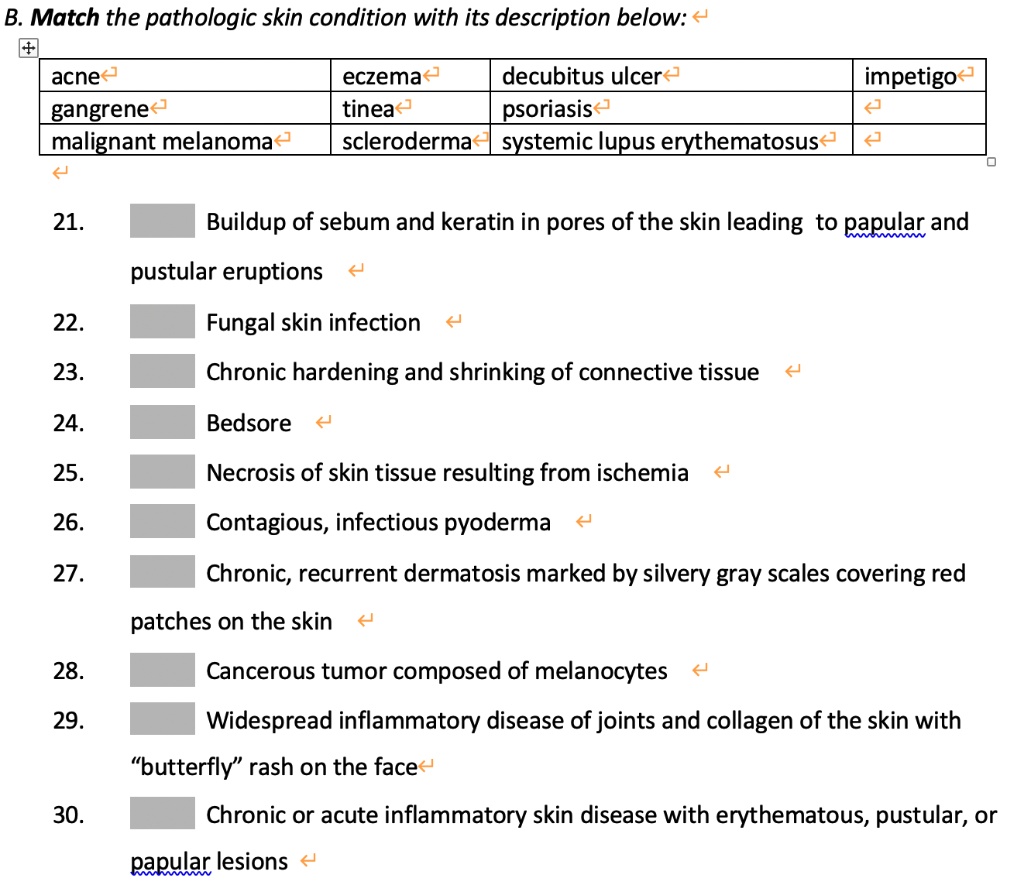b match the pathologic skin condition with its description below acne ...