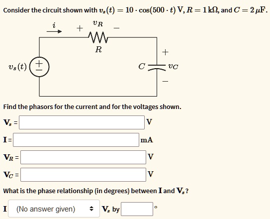 Consider the circuit shown with vs(t) = 10 · cos(500 · t) V, R = 1 kΩ, and C = 2 µF. Find the ...