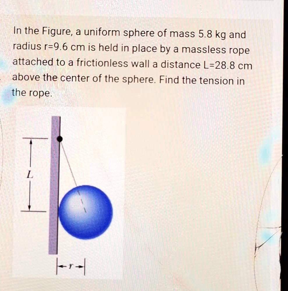 in the figure a uniform sphere of mass 58 kg and radius r 96 cm is held ...