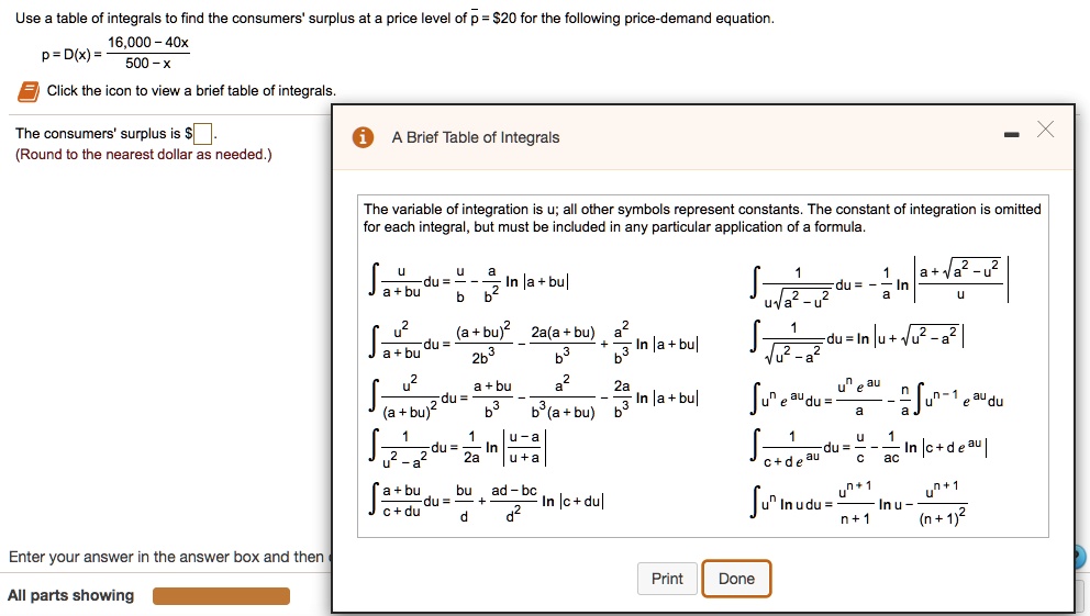 SOLVED: Use the table of integrals to find the consumer's surplus at a ...