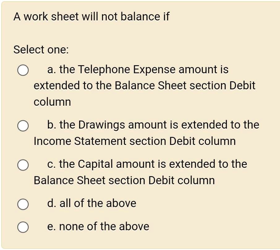 A Work Sheet Will Not Balance If Select One A The Telephone Expense Amount Is Extended To The