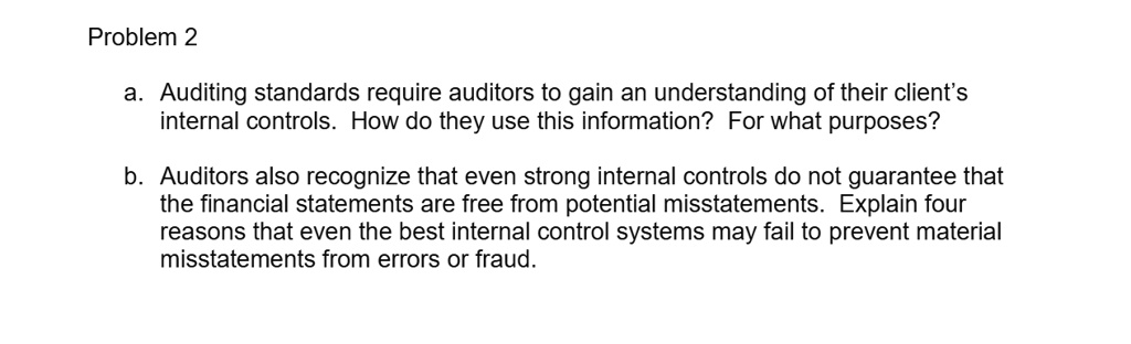 SOLVED: Problem 2 Auditing standards require auditors to gain an ...