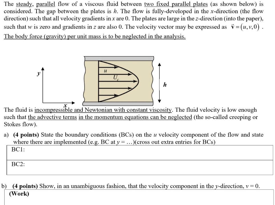 SOLVED: The steady, parallel flow of a viscous fluid between two fixed ...