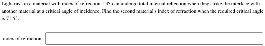 Light rays in a material with index of refrection 1.33 can undergo total internal reflection ...