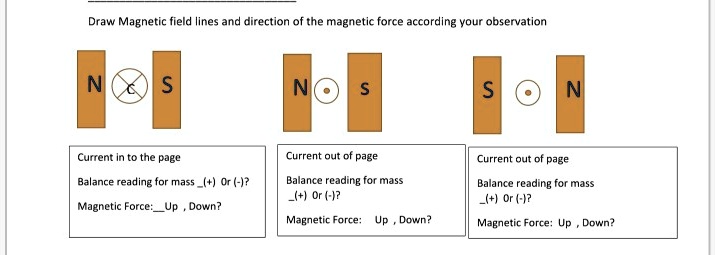 draw magnetic field lines and direction of the magnetic force according ...