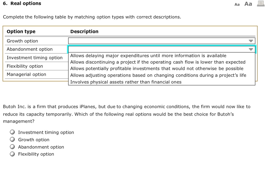 6 real options aa aa e complete the following table by matching option ...