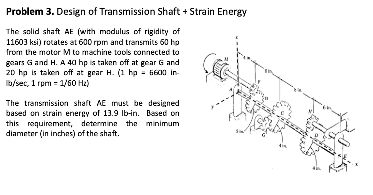 SOLVED: Problem 3: Design of Transmission Shaft + Strain Energy The ...