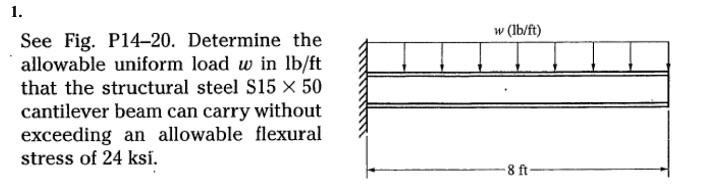 1. See Fig. P14-20. Determine the allowable uniform load w in lb/ft that the structural steel ...