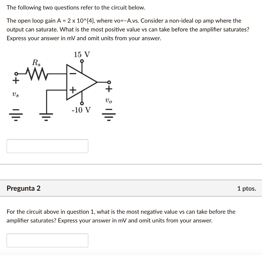 The following two questions refer to the circuit below. The open loop gain A = 2 ×10^4, where vo ...