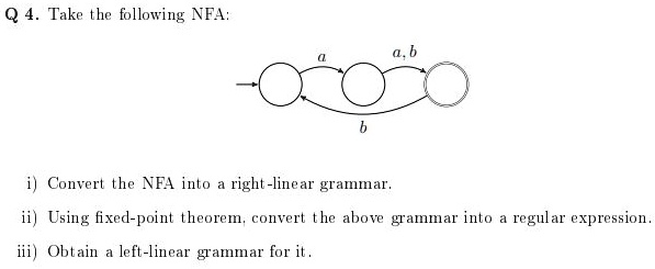Q4. Take the following NFA: a a, b b i) Convert the NFA into a right-linear grammar. ii) Using ...