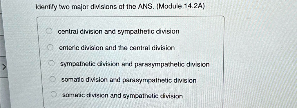 Identify two major divisions of the ANS. (Module 14.2A) central ...