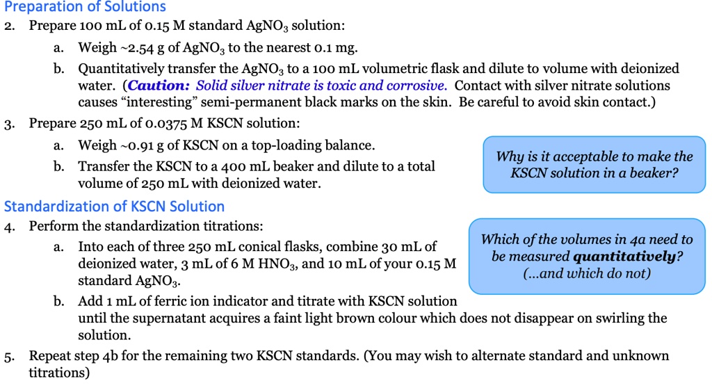 VIDEO solution: Preparation of Solutions Prepare 100 mL of 0.15 M standard AgNO3 solution: Weigh ...