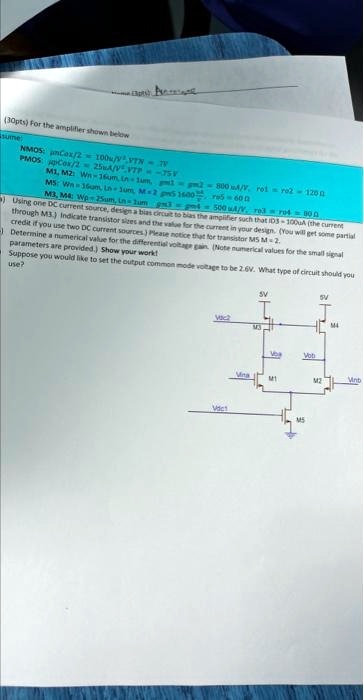 SOLVED: Texts: (30 pts) For the amplifier shown below, assume NMOS Cox ...