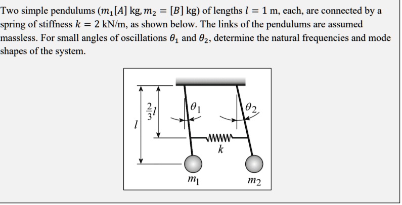 Two simple pendulums (m1 [A] kg, m2 = [B] kg) of lengths l = 1 m, each ...