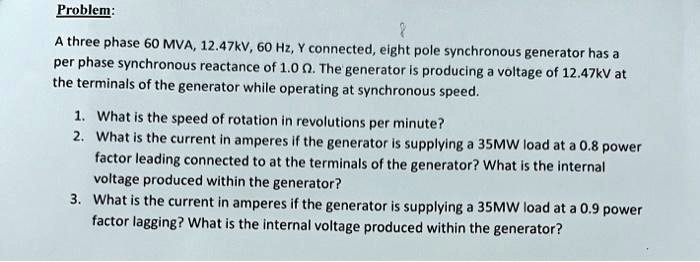 SOLVED: A three-phase 60 MVA, 12.47 kV, 60 Hz, Y-connected, eight-pole ...