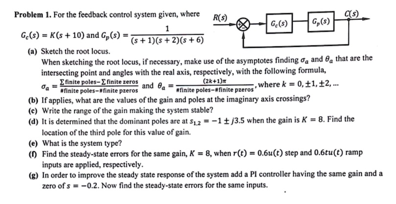 SOLVED: Problem 1. For the feedback control system given, where R(s) C(s) Gc(s) G(s) 1 a. Sketch ...