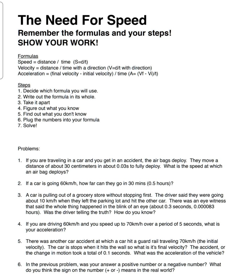 SOLVED: I need help with #3 and #1. The Need For Speed: Remember the ...