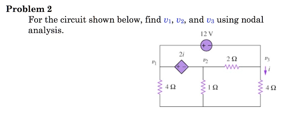 SOLVED: Problem 2 For the circuit shown below, find v1, V2, and v3 using nodal analysis. 12V 2i ...
