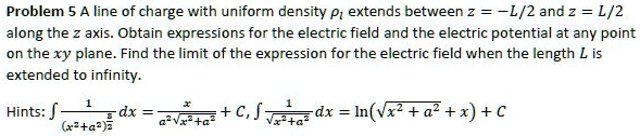 SOLVED: A line of charge with uniform density P extends between z = -L ...
