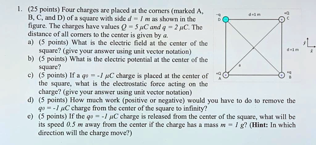SOLVED: (25 points) Four charges are placed at the corners (marked A, d ...