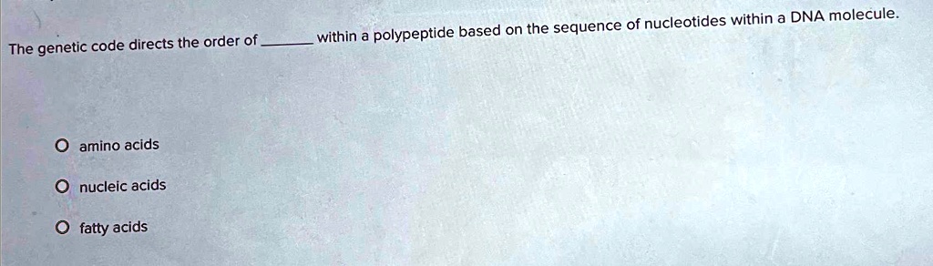 The genetic code directs the order of within a polypeptide based on the ...