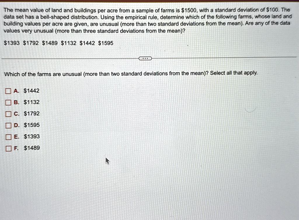 the mean value of land and buildings per acre from a sample of farms is ...