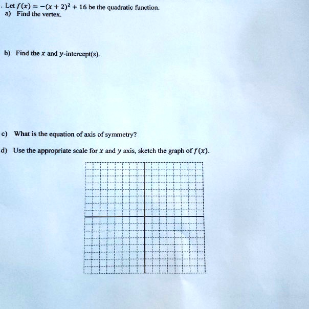SOLVED: Let f(r) = -(x+2)2 + 16 be the quadrutic function Find the vertex; Find the and y ...