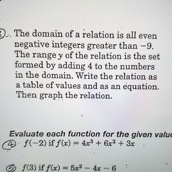[GET ANSWER] 3. The domain of a relation is all even negative integers greater than -9. The ...