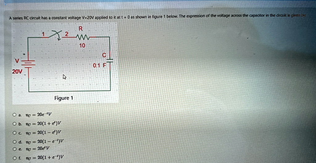 [GET ANSWER] a series rc circuit has a constant voltage v20v applied to it at t 0 as shown in ...