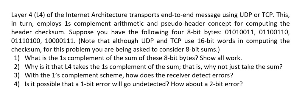 Solved Layer 4 L4 Of The Internet Architecture Transports End To End Messages Using Udp Or 4801