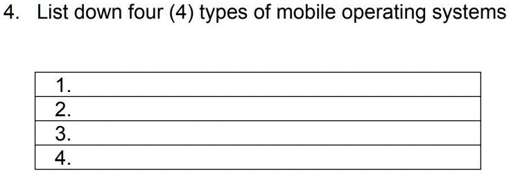4. List down four (4) types of mobile operating systems 1. 2. 3. 4.